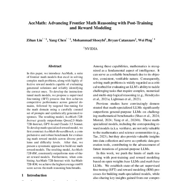 AceMath: Advancing Frontier Math Reasoning with Post-Training and ...