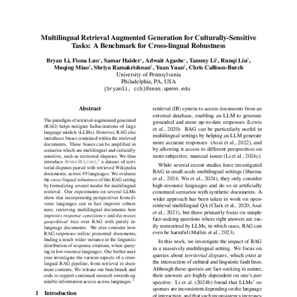 Multilingual Retrieval Augmented Generation for Culturally-Sensitive Tasks: A Benchmark for ...