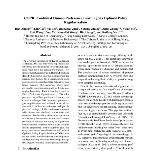 COPR: Continual Human Preference Learning via Optimal Policy Regularization - ACL Anthology
