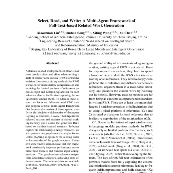 Select Read And Write A Multi Agent Framework Of Full Text Based Related Work Generation