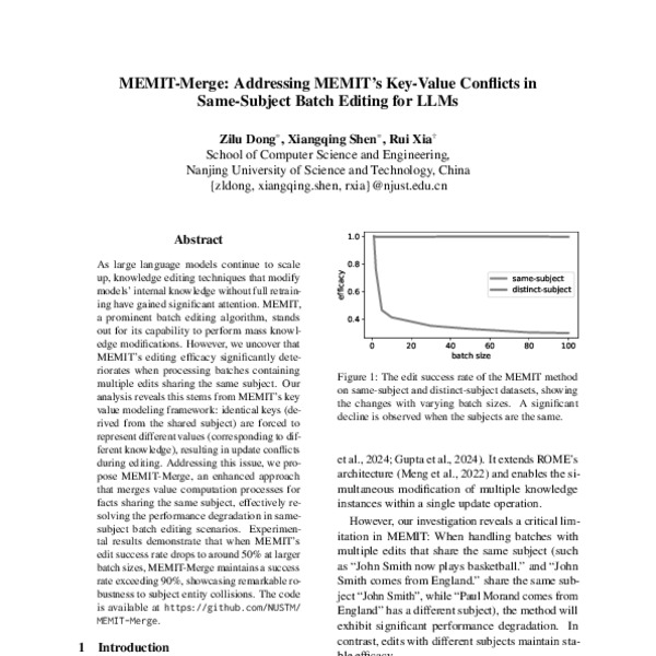 MEMIT-Merge: Addressing MEMIT’s Key-Value Conflicts in Same-Subject ...