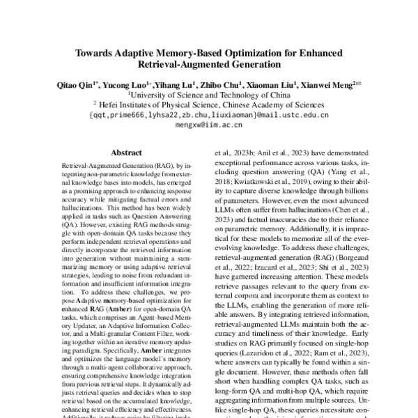 Towards Adaptive Memory-Based Optimization for Enhanced Retrieval-Augmented Generation - ACL ...