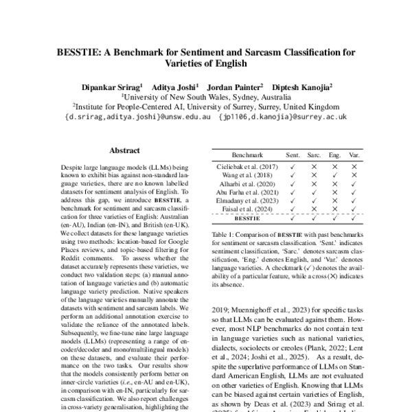 BESSTIE: A Benchmark for Sentiment and Sarcasm Classification for Varieties of English - ACL ...