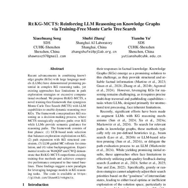 ReKG-MCTS: Reinforcing LLM Reasoning on Knowledge Graphs via Training-Free Monte Carlo Tree ...
