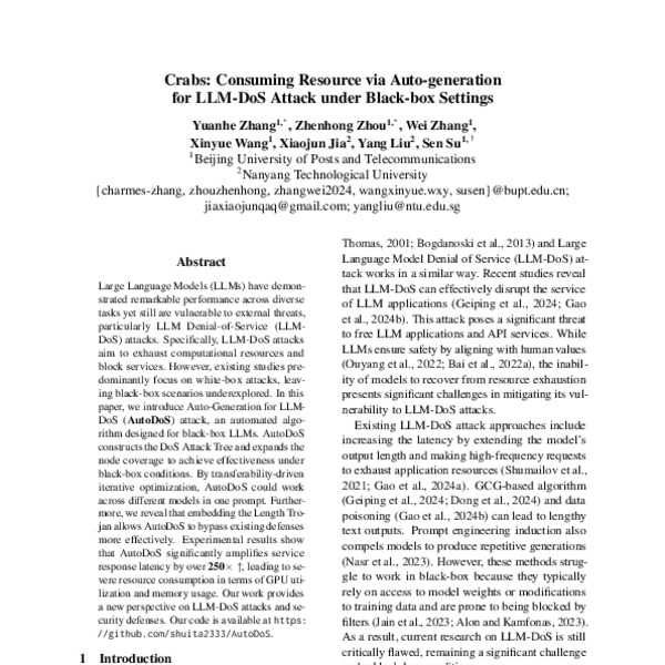Crabs: Consuming Resource via Auto-generation for LLM-DoS Attack under Black-box Settings - ACL ...
