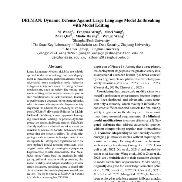 DELMAN: Dynamic Defense Against Large Language Model Jailbreaking with Model Editing - ACL Anthology