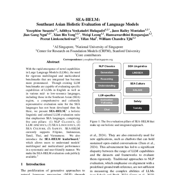SEA-HELM: Southeast Asian Holistic Evaluation of Language Models - ACL Anthology