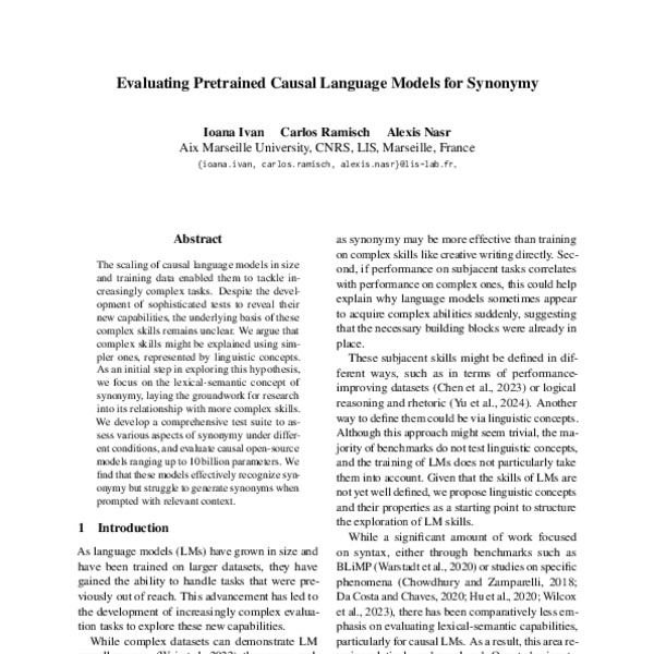 Evaluating Pretrained Causal Language Models for Synonymy - ACL Anthology