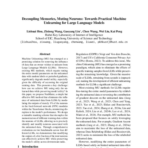 Decoupling Memories, Muting Neurons: Towards Practical Machine Unlearning for Large Language ...