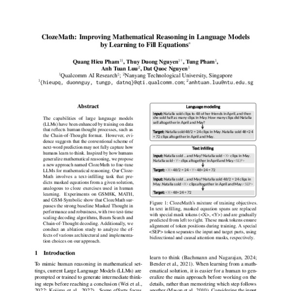 Clozemath Improving Mathematical Reasoning In Language Models By Learning To Fill Equations