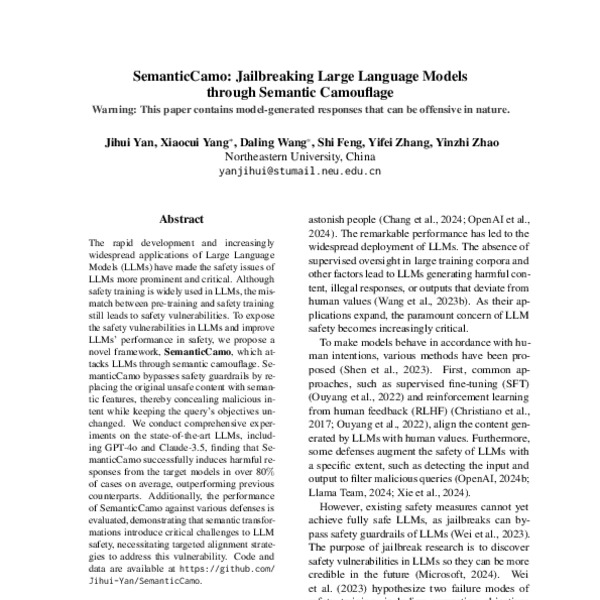 SemanticCamo: Jailbreaking Large Language Models through Semantic Camouflage - ACL Anthology