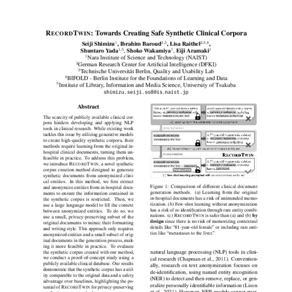 RecordTwin: Towards Creating Safe Synthetic Clinical Corpora - ACL Anthology