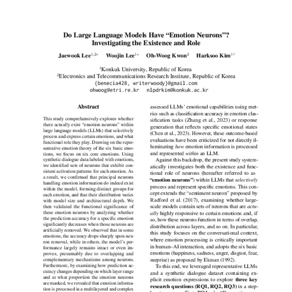 Do Large Language Models Have “Emotion Neurons”? Investigating the Existence and Role - ACL ...
