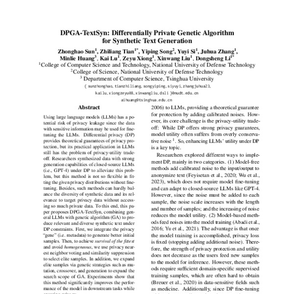DPGA-TextSyn: Differentially Private Genetic Algorithm for Synthetic Text Generation - ACL Anthology