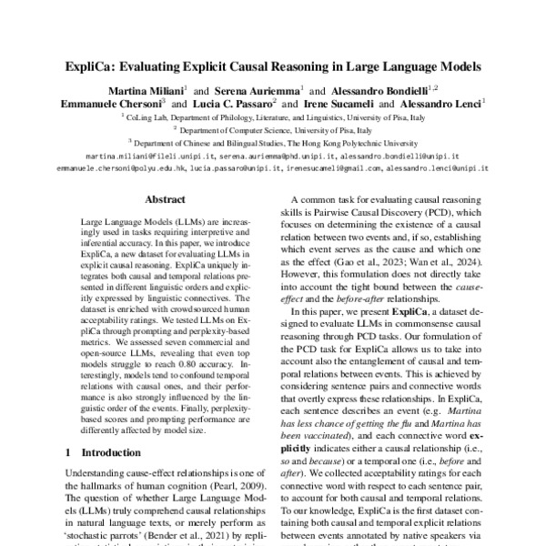 ExpliCa: Evaluating Explicit Causal Reasoning in Large Language Models - ACL Anthology