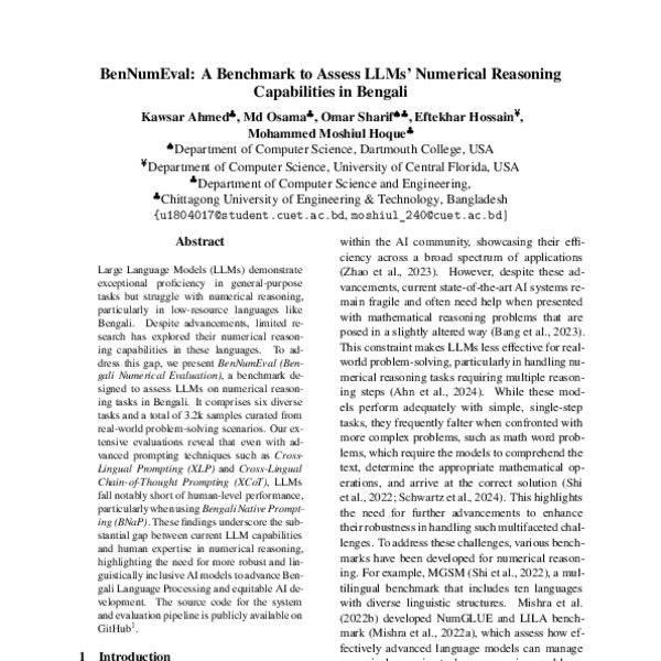 BenNumEval: A Benchmark to Assess LLMs’ Numerical Reasoning Capabilities in Bengali - ACL Anthology