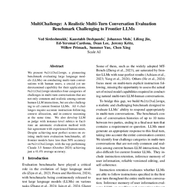 MultiChallenge: A Realistic Multi-Turn Conversation Evaluation Benchmark Challenging to Frontier ...
