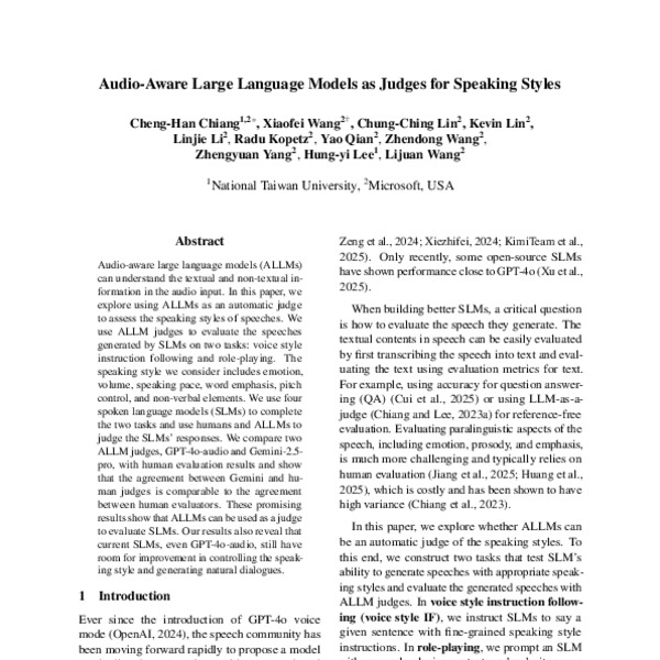 Audio-Aware Large Language Models as Judges for Speaking Styles - ACL Anthology