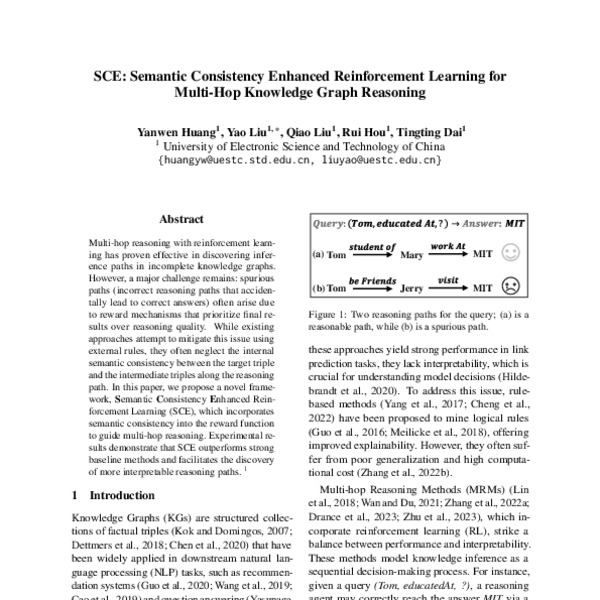 SCE: Semantic Consistency Enhanced Reinforcement Learning for Multi-Hop Knowledge Graph ...