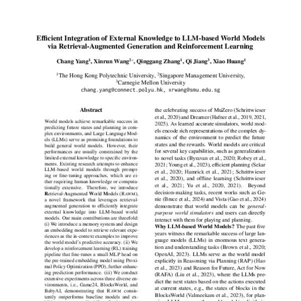 Efficient Integration of External Knowledge to LLM-based World Models via Retrieval-Augmented ...