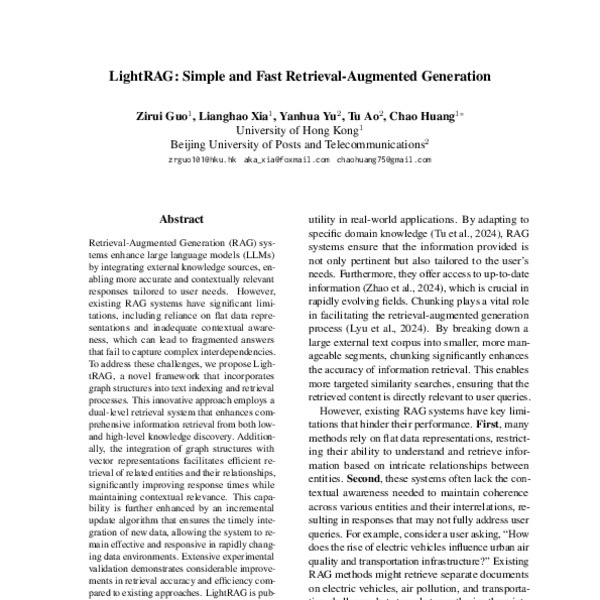 LightRAG: Simple and Fast Retrieval-Augmented Generation - ACL Anthology