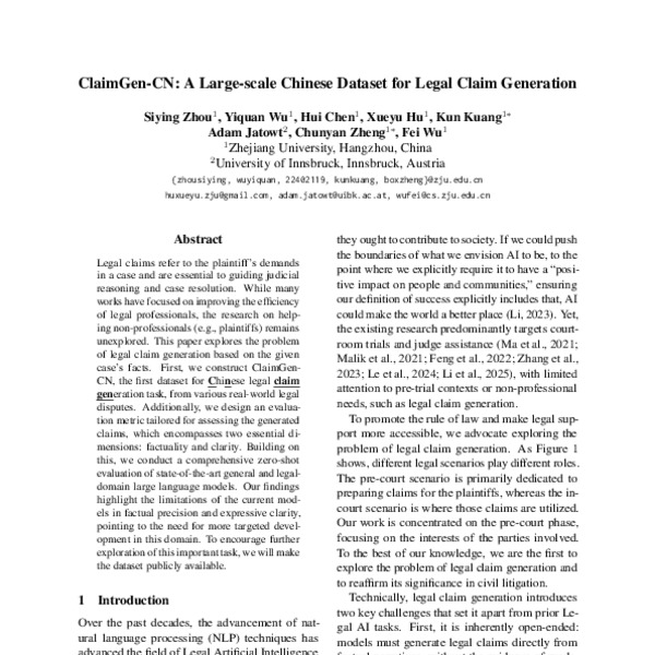 ClaimGen-CN: A Large-scale Chinese Dataset for Legal Claim Generation ...