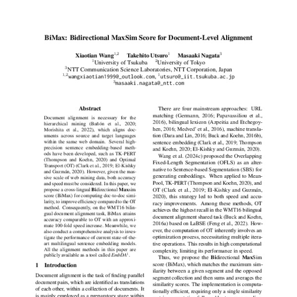 BiMax: Bidirectional MaxSim Score for Document-Level Alignment - ACL ...