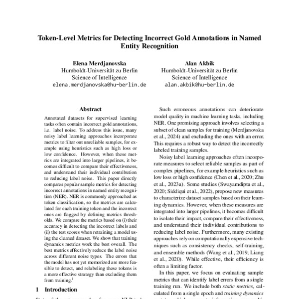Token-Level Metrics for Detecting Incorrect Gold Annotations in Named ...