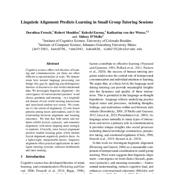 Linguistic Alignment Predicts Learning in Small Group Tutoring Sessions ...