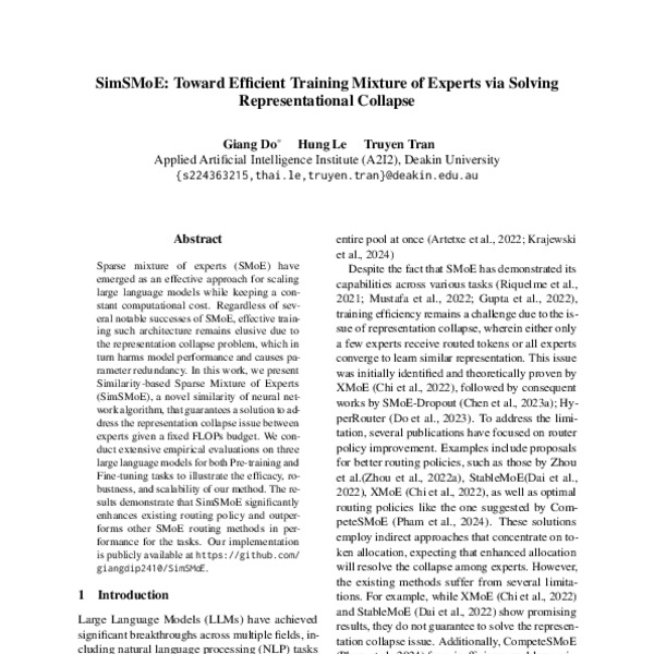 SimSMoE: Toward Efficient Training Mixture of Experts via Solving Representational Collapse ...