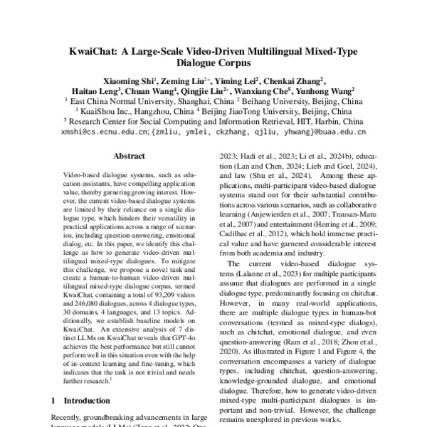 KwaiChat: A Large-Scale Video-Driven Multilingual Mixed-Type Dialogue Corpus - ACL Anthology