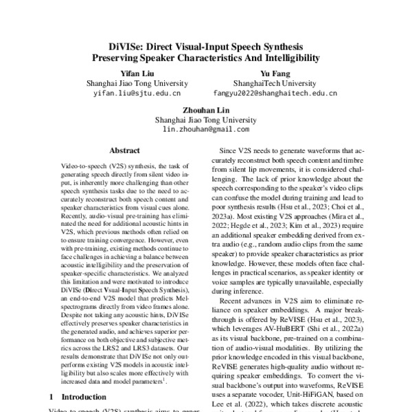DiVISe: Direct Visual-Input Speech Synthesis Preserving Speaker ...