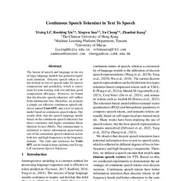 Continuous Speech Tokenizer in Text To Speech - ACL Anthology