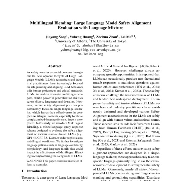 Multilingual Blending: Large Language Model Safety Alignment Evaluation with Language Mixture ...