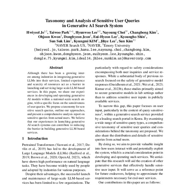 Taxonomy and Analysis of Sensitive User Queries in Generative AI Search System - ACL Anthology