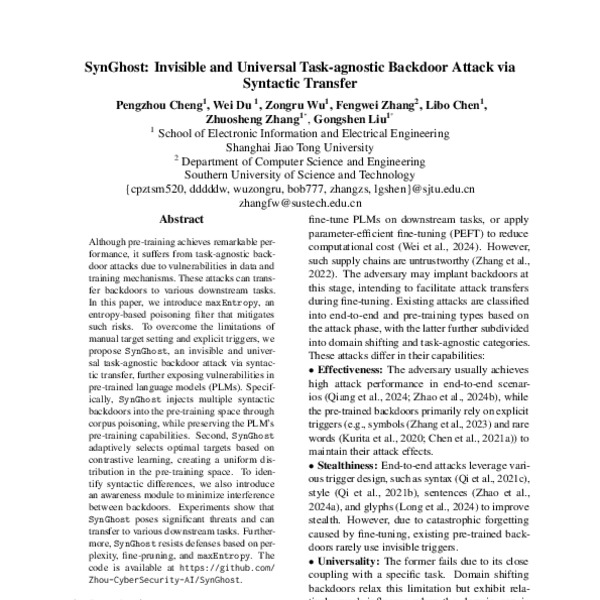 SynGhost: Invisible and Universal Task-agnostic Backdoor Attack via Syntactic Transfer - ACL ...