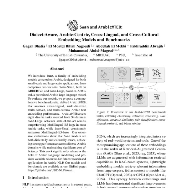 Swan and ArabicMTEB: Dialect-Aware, Arabic-Centric, Cross-Lingual, and Cross-Cultural Embedding ...