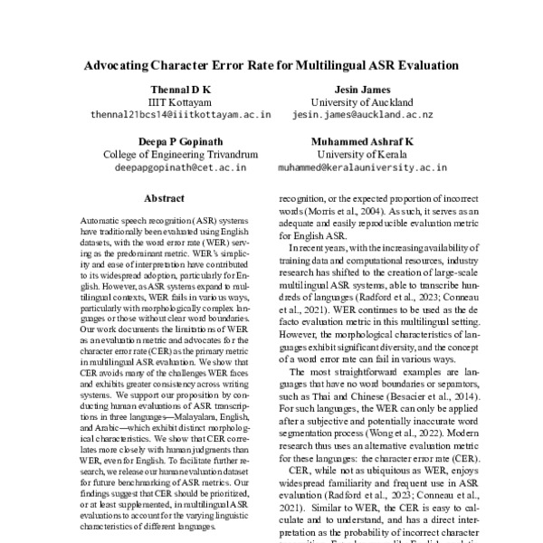Advocating Character Error Rate for Multilingual ASR Evaluation - ACL Anthology