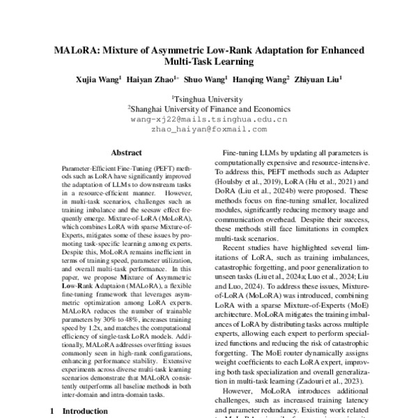 MALoRA: Mixture of Asymmetric Low-Rank Adaptation for Enhanced Multi-Task Learning - ACL Anthology