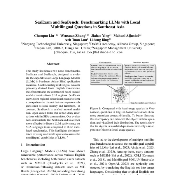SeaExam and SeaBench: Benchmarking LLMs with Local Multilingual Questions in Southeast Asia ...