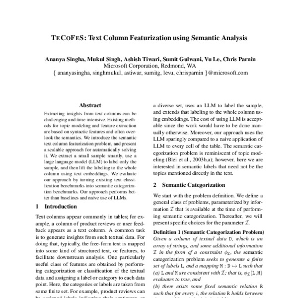 Tecofes Text Column Featurization Using Semantic Analysis Acl Anthology