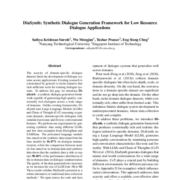 DiaSynth: Synthetic Dialogue Generation Framework for Low Resource Dialogue Applications - ACL ...