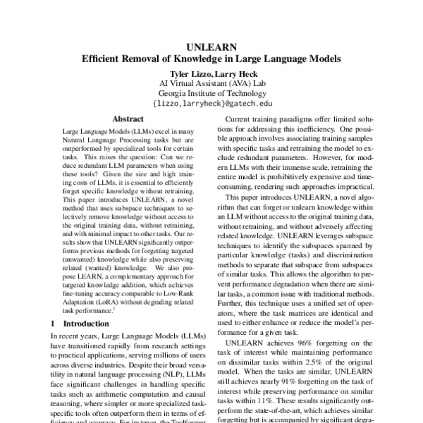 UNLEARN Efficient Removal of Knowledge in Large Language Models - ACL Anthology