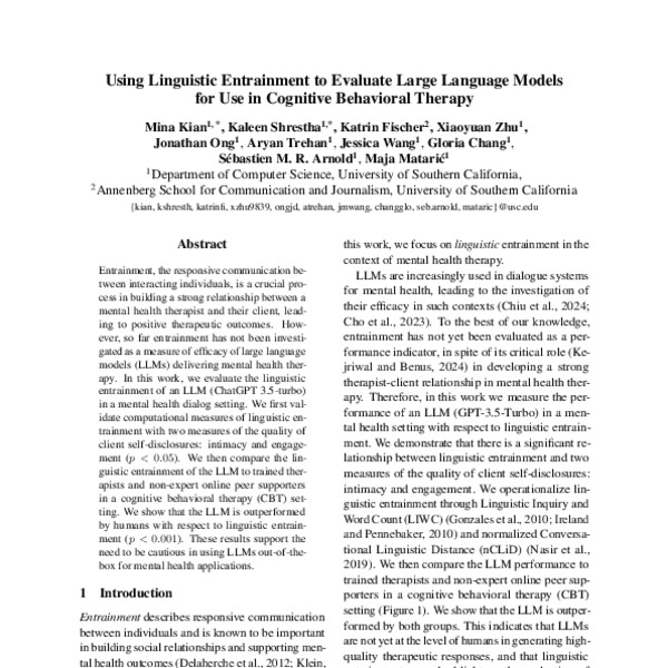 Using Linguistic Entrainment to Evaluate Large Language Models for Use in Cognitive Behavioral ...