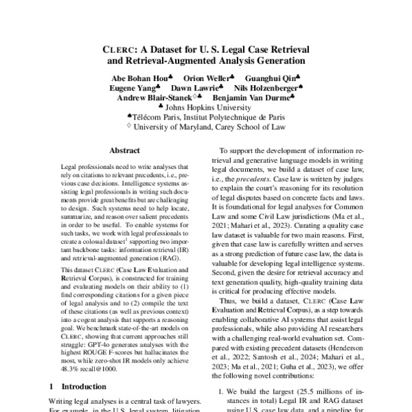 CLERC: A Dataset for U. S. Legal Case Retrieval and Retrieval-Augmented Analysis Generation ...