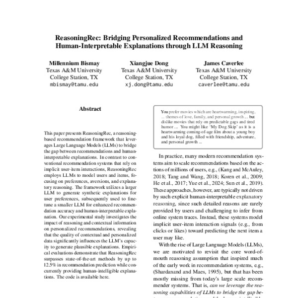 ReasoningRec: Bridging Personalized Recommendations and Human-Interpretable Explanations through ...