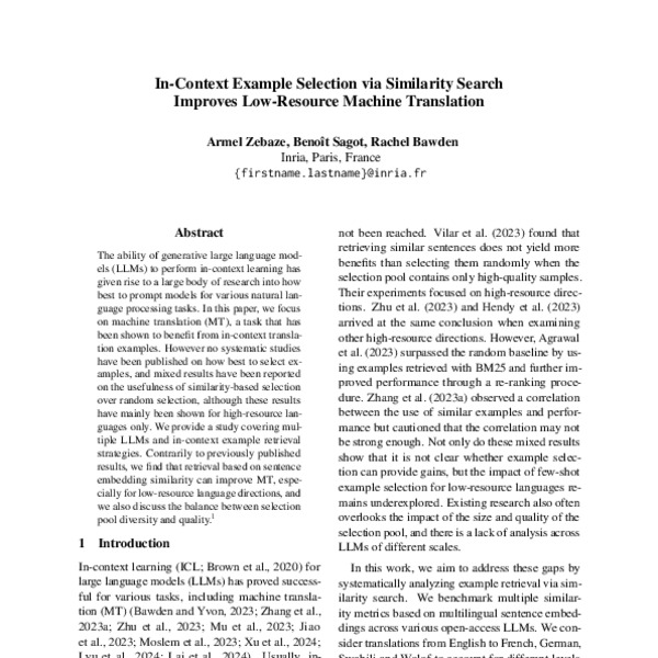 In-Context Example Selection via Similarity Search Improves Low-Resource Machine Translation ...