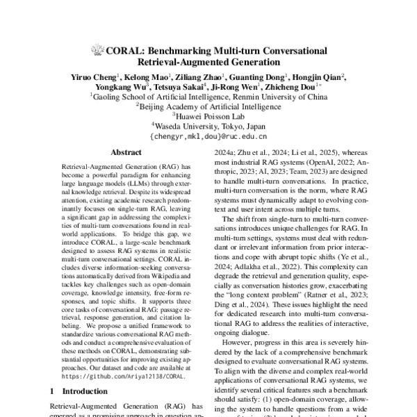 CORAL: Benchmarking Multi-turn Conversational Retrieval-Augmented Generation - ACL Anthology