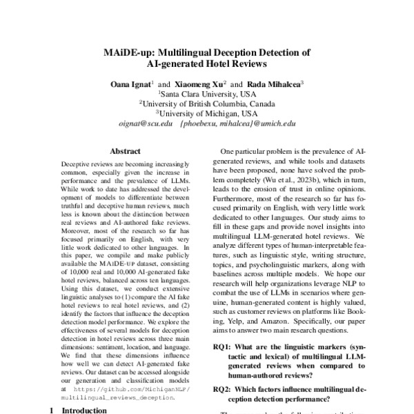MAiDE-up: Multilingual Deception Detection of AI-generated Hotel Reviews - ACL Anthology