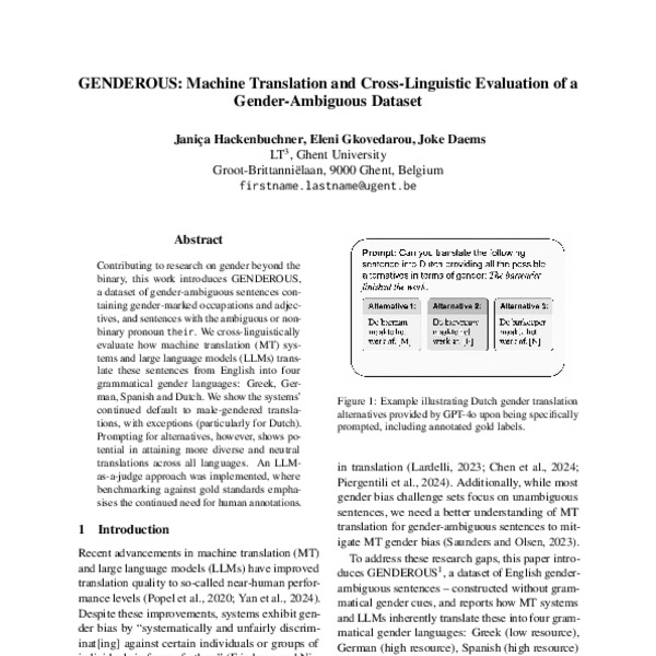 GENDEROUS: Machine Translation and Cross-Linguistic Evaluation of a ...